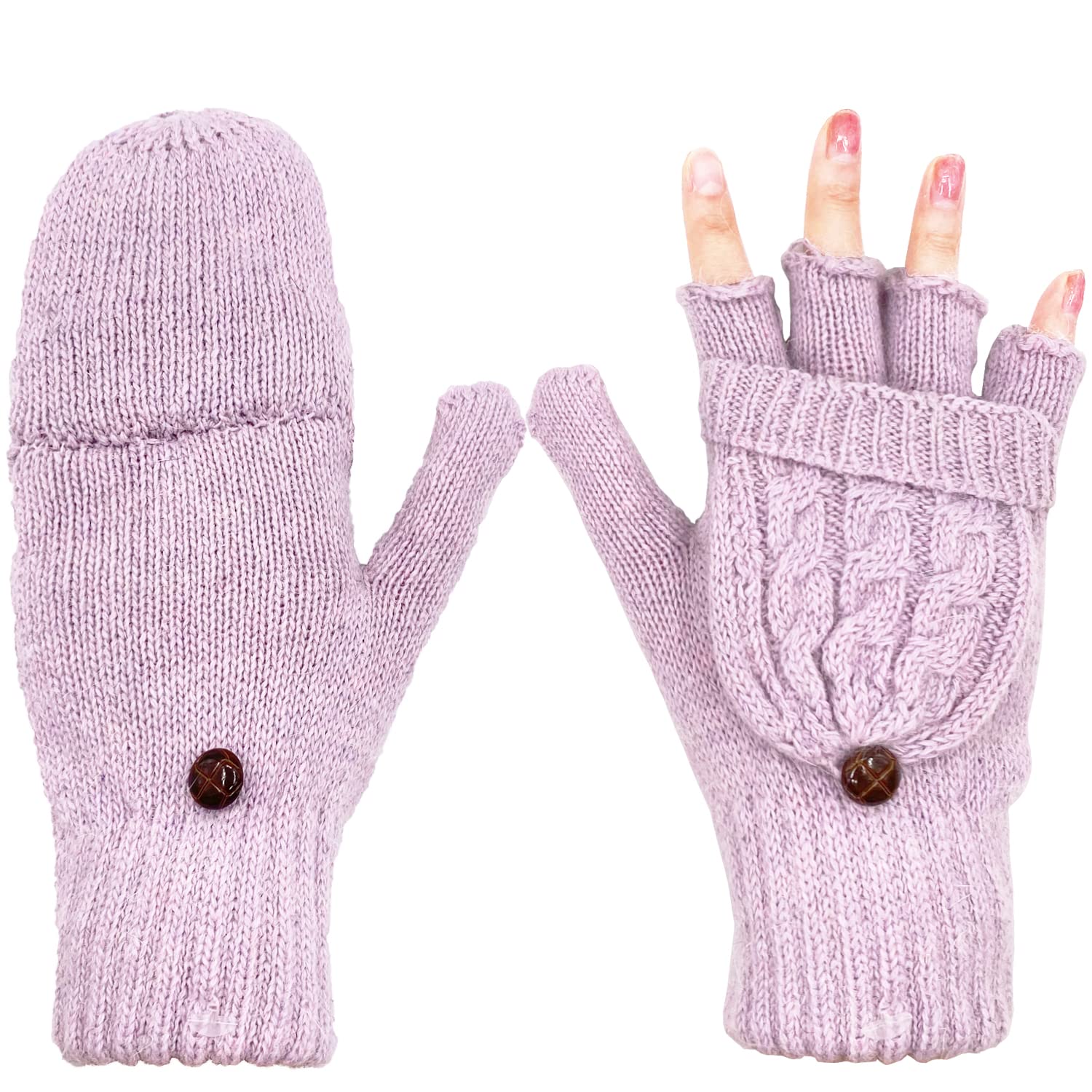 Beurlike Women's Winter Gloves Warm Wool Knitted Convertible Fingerless Mittens (Purple)