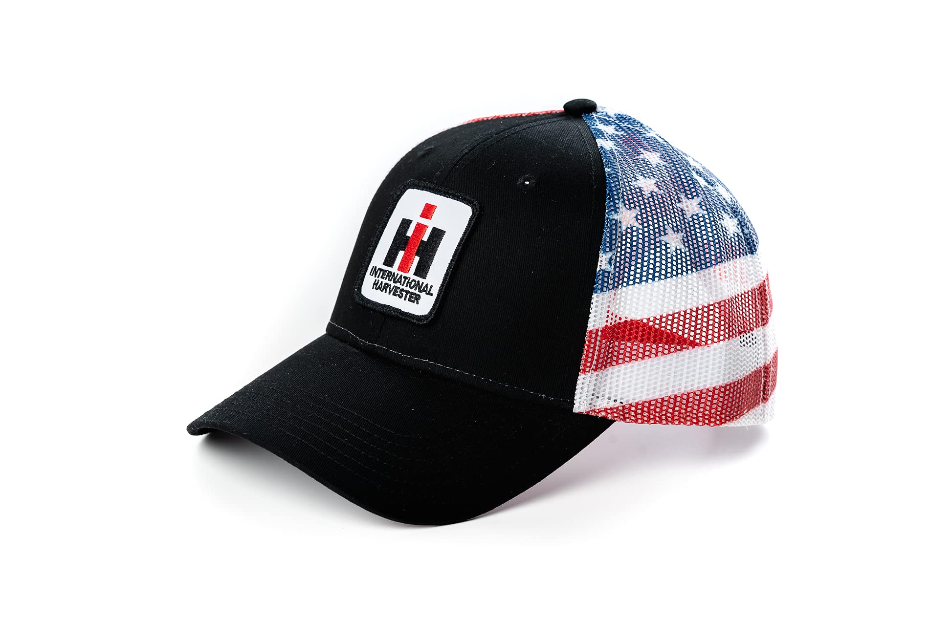 J&D Productions, Inc. International Harvester IH Logo Hat, Black with Flag Mesh Back