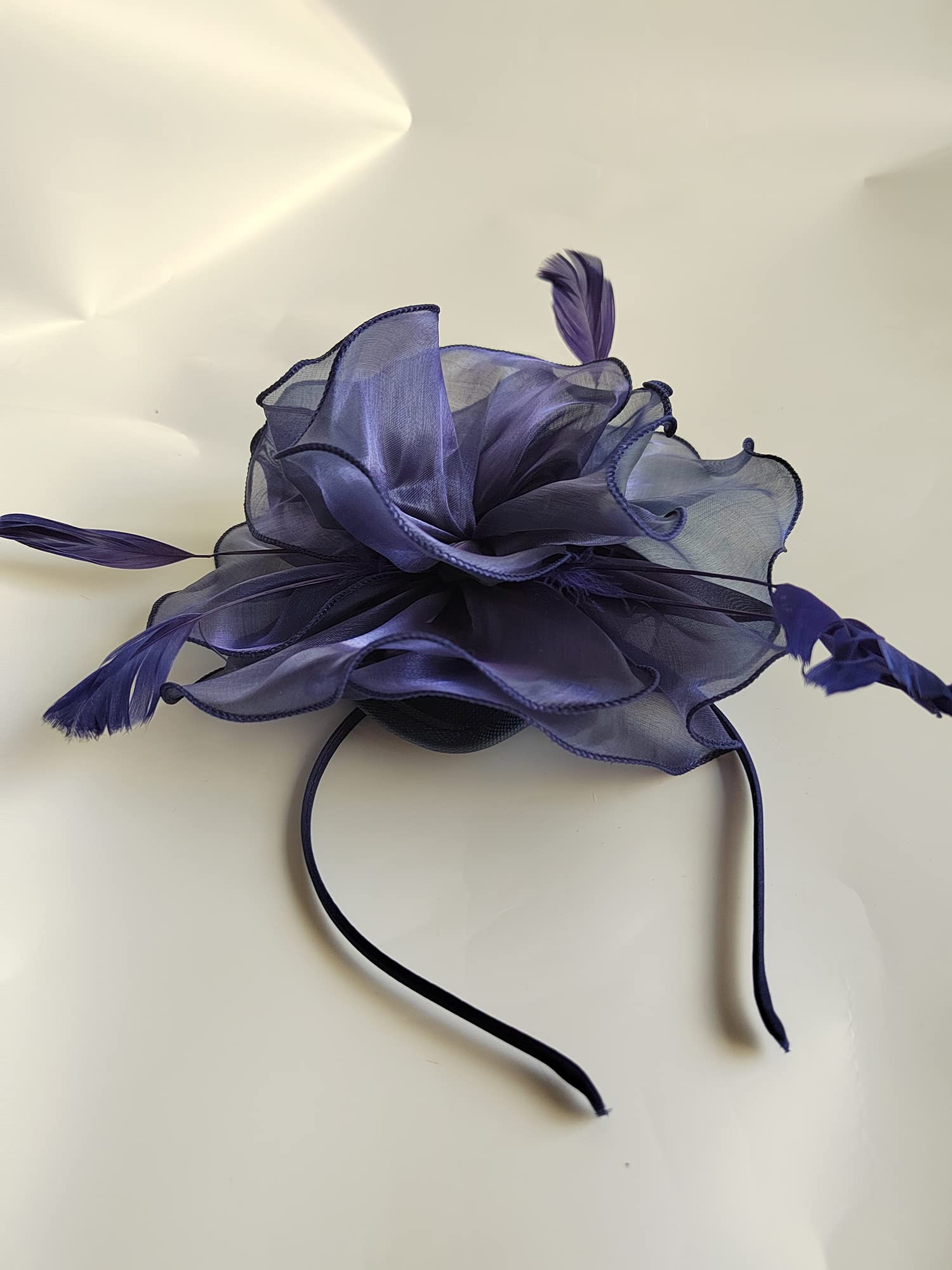 Women Organza Fascinator Hat Flower Feather Fascinators Tea Party Hat Headwear Fascinator Headband for Wedding Evening Church Navy