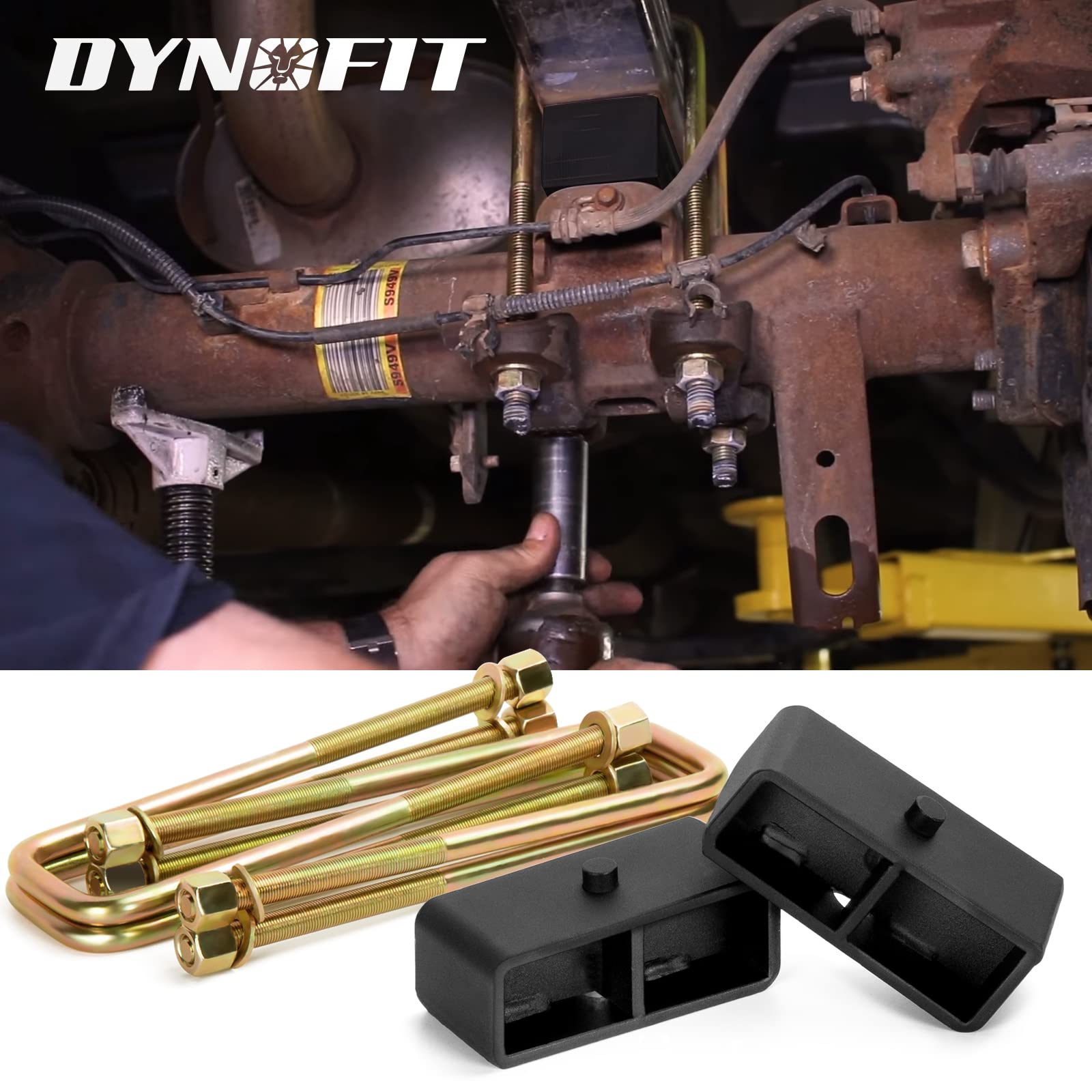 dynofit 2 inch Rear Lift Blocks for Silverado 1500 Sierra 1500, 2" Rear Leveling Block Kit Compatible with 2007-2021 Chevy Silverado 1500, GMC Sierra 1500, Lift Block and Square Leaf Spring Ubolt Kit