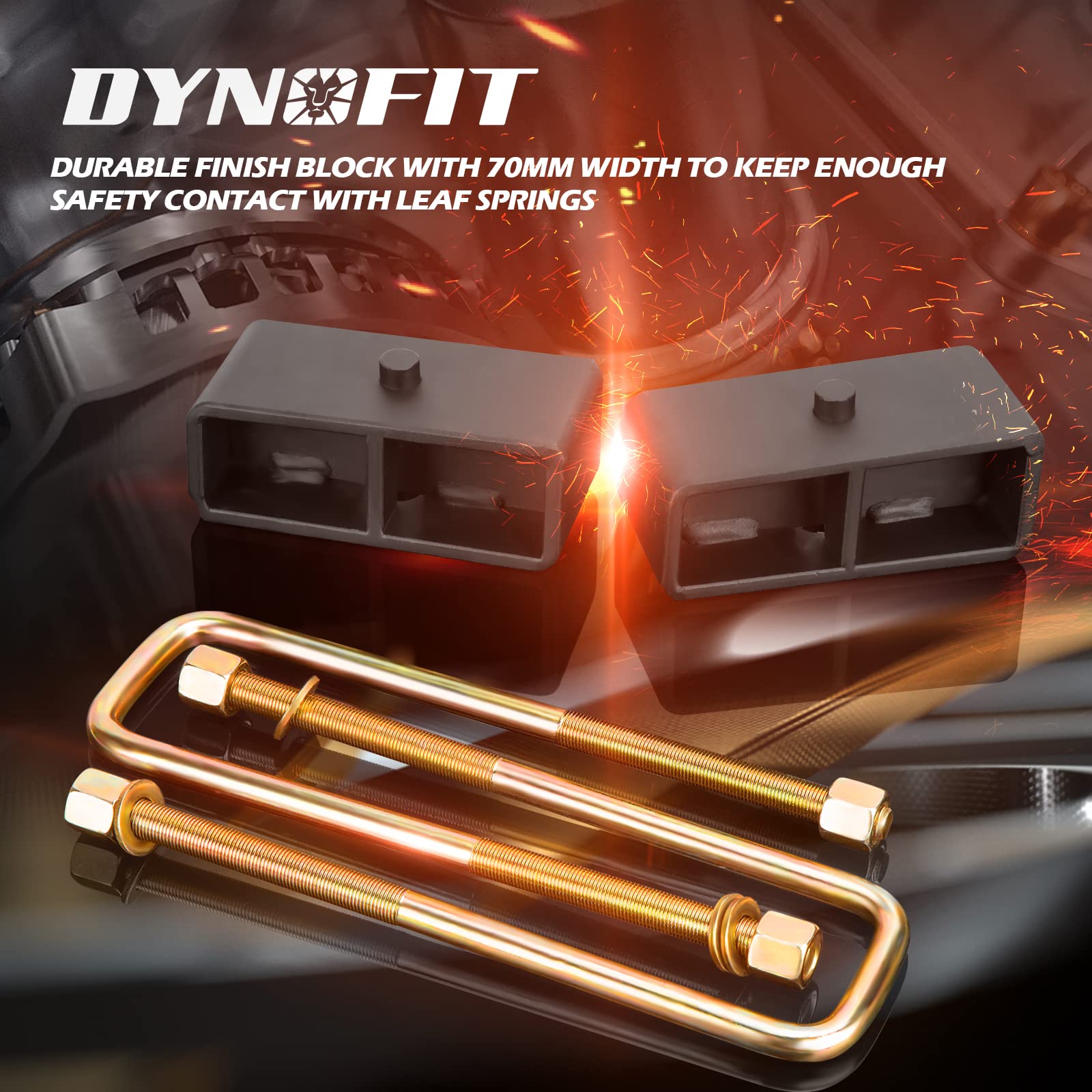 dynofit 2 inch Rear Lift Blocks for Silverado 1500 Sierra 1500, 2" Rear Leveling Block Kit Compatible with 2007-2021 Chevy Silverado 1500, GMC Sierra 1500, Lift Block and Square Leaf Spring Ubolt Kit