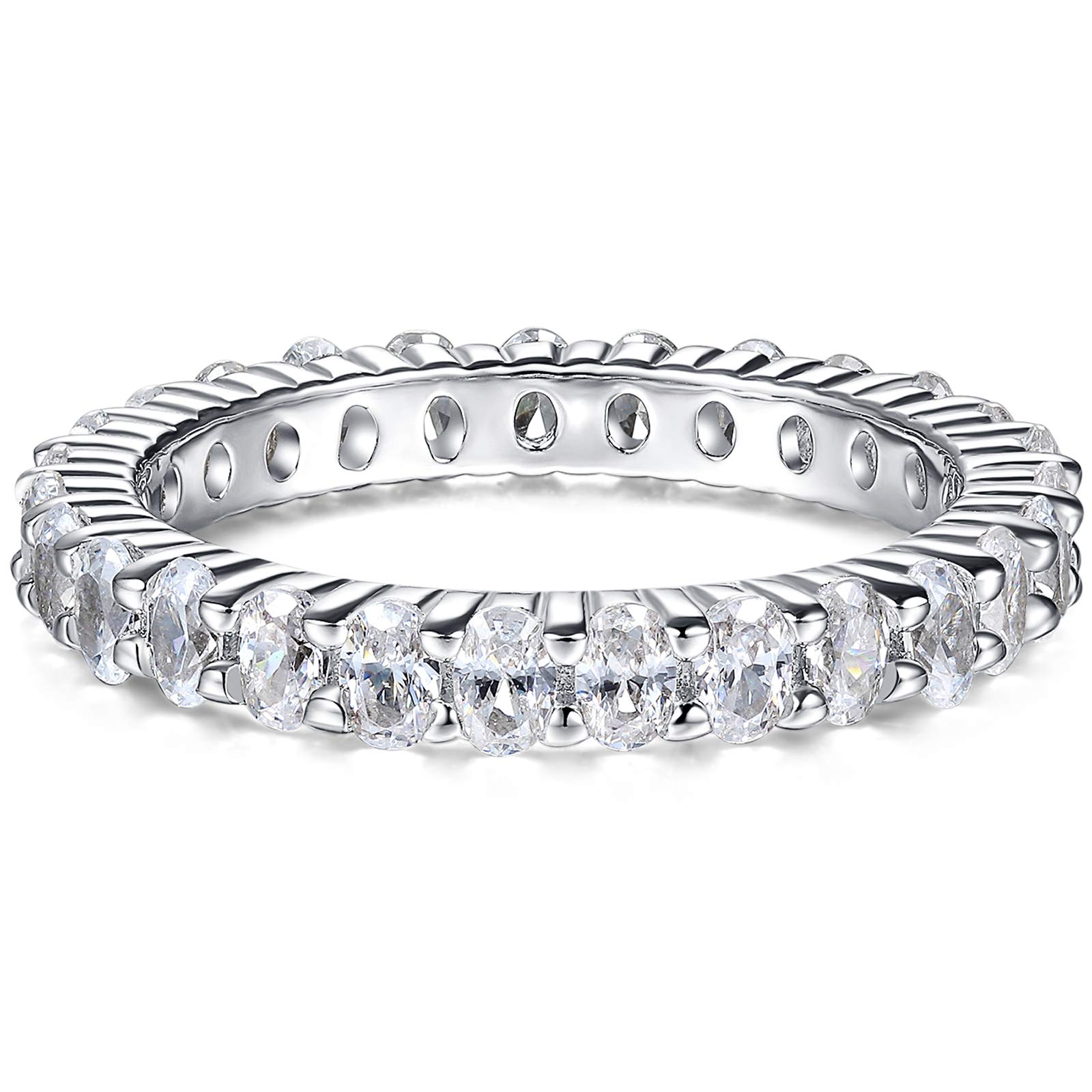 espere Rhodium Plated Sterling Silver Oval Cut CZ Stacking Eternity Ring Full Eternity Band | 3mm Cubic Zirconia Wedding Band Women's Stackable Promise Rings (Silver, 4)