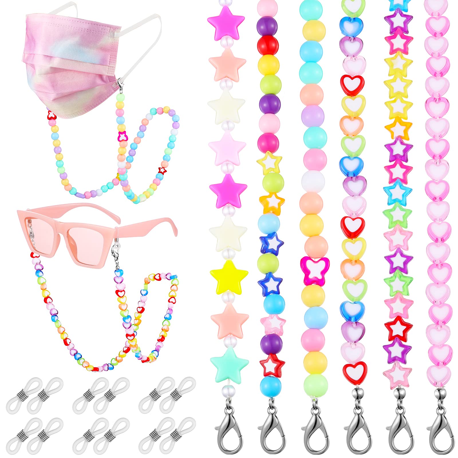 MTLEE 6 Pieces Kids Mask Lanyard Cute Beaded Glasses Chain Mask Necklace Holder with 12 Eyeglasses Chain Ends for Women Girls for Students School Present (Cute Style)