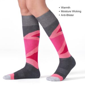 CS CELERSPORT 2 Pack Merino Wool Women's Ski Socks with Full Cushion, Winter Warm Thermal Socks for Skiing Snowboarding, Dark Grey + Rose, Medium