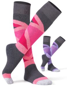 cs celersport 2 pack merino wool women's ski socks with full cushion, winter warm thermal socks for skiing snowboarding, rose + purple, medium