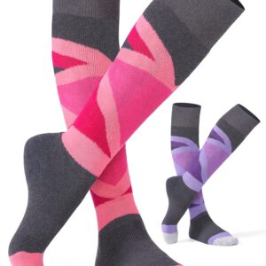 CS CELERSPORT 2 Pack Merino Wool Women's Ski Socks with Full Cushion, Winter Warm Thermal Socks for Skiing Snowboarding, Rose + Purple, Medium