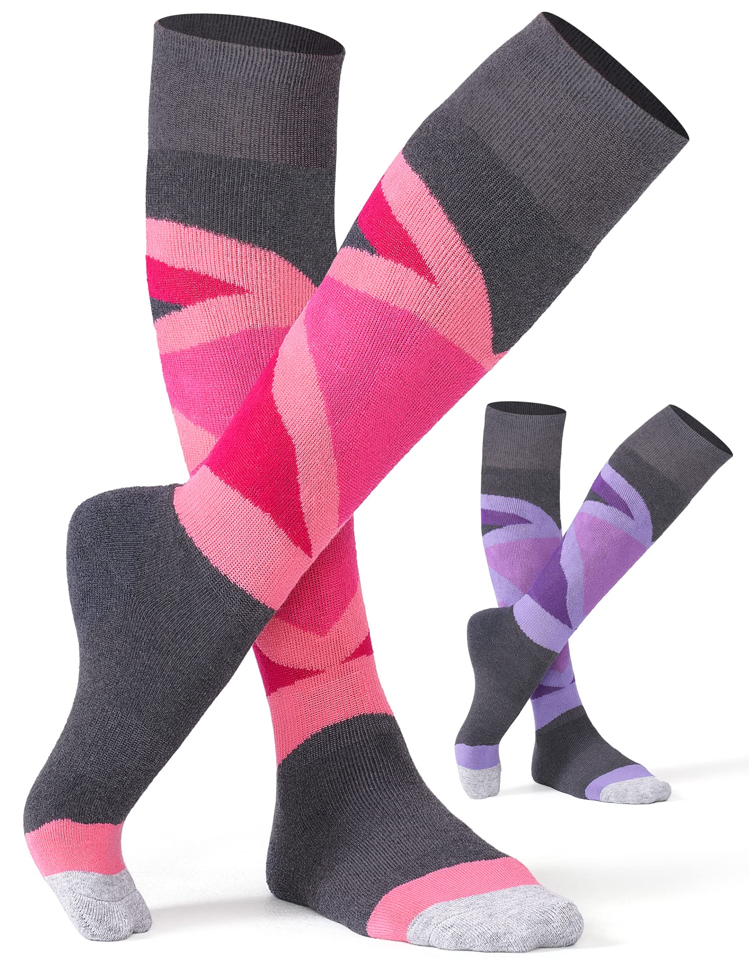 CS CELERSPORT 2 Pack Merino Wool Women's Ski Socks with Full Cushion, Winter Warm Thermal Socks for Skiing Snowboarding, Rose + Purple, Medium