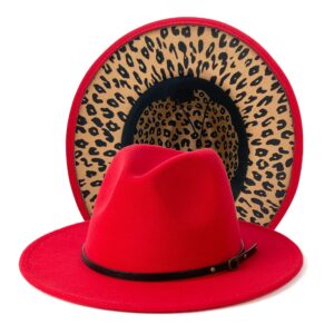 gossifan women two tone wide brim fedora felt panama hats classic belt buckle red/leopard