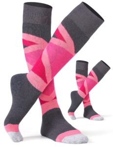 cs celersport 2 pack merino wool women's ski socks with full cushion, winter warm thermal socks for skiing snowboarding, dark grey + rose, medium