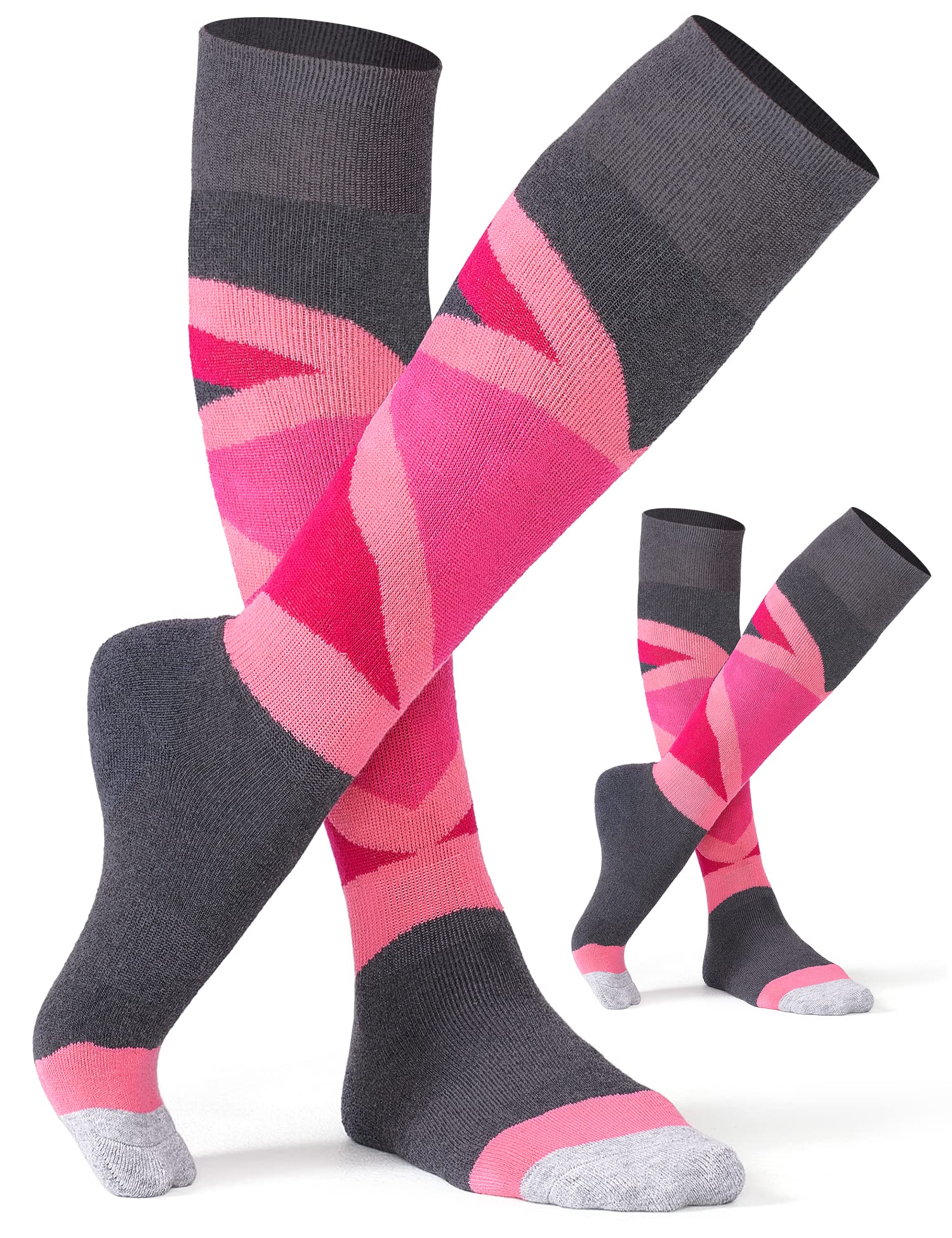 CS CELERSPORT 2 Pack Merino Wool Women's Ski Socks with Full Cushion, Winter Warm Thermal Socks for Skiing Snowboarding, Dark Grey + Rose, Medium