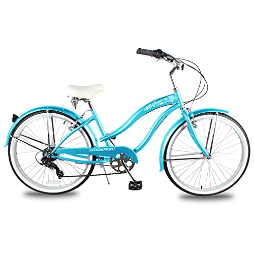 MICARGI Rover Lightweight Beach Cruiser Bike for Women Adult 26 Inch Wheels Featuring Steel Step-Over Step Through Steel Frame 7 Speed Coaster Brake Hybrid Bike Complete Cruiser Bikes Baby Blue