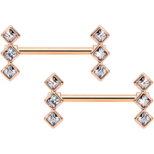 Body Candy 14G Womens Nipplerings Piercing PVD Steel 2Pc Rosy Clear Triple Rhombus Nipple Ring Set 9/16"