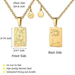 Zodiac Sign Necklace for Women Constellation Tarot Card Pendant Double Sided Gold Stainless Steel Waterproof NonTarnish Friendship Jewelry Gift（Pisces）