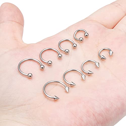 Ovxznts 16G Surgical Steel Nose Septum Horseshoe Hoop Earring Eyebrow Tragus Helix Lip Rings Piercing Jewelry Ball Spike Silver-tone