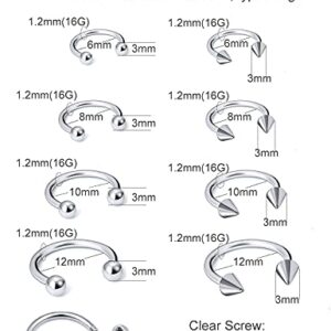 Ovxznts 16G Surgical Steel Nose Septum Horseshoe Hoop Earring Eyebrow Tragus Helix Lip Rings Piercing Jewelry Ball Spike Silver-tone