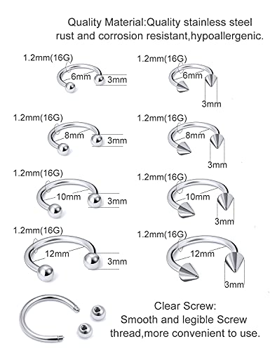 Ovxznts 16G Surgical Steel Nose Septum Horseshoe Hoop Earring Eyebrow Tragus Helix Lip Rings Piercing Jewelry Ball Spike Silver-tone