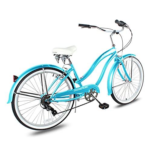 MICARGI Rover Lightweight Beach Cruiser Bike for Women Adult 26 Inch Wheels Featuring Steel Step-Over Step Through Steel Frame 7 Speed Coaster Brake Hybrid Bike Complete Cruiser Bikes Baby Blue