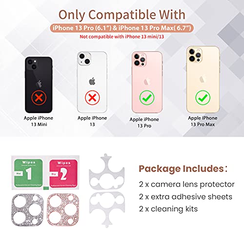 Goton [2 Pack] Bling Camera Lens Protector Compatible with iPhone 13 Pro Max & 13 Pro Glitter Diamond Metal Lens Protective Decoration Cover Accessories for 13 Pro / 13 Pro Max Silver+Rose Gold