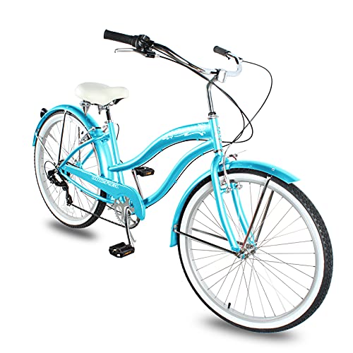 MICARGI Rover Lightweight Beach Cruiser Bike for Women Adult 26 Inch Wheels Featuring Steel Step-Over Step Through Steel Frame 7 Speed Coaster Brake Hybrid Bike Complete Cruiser Bikes Baby Blue