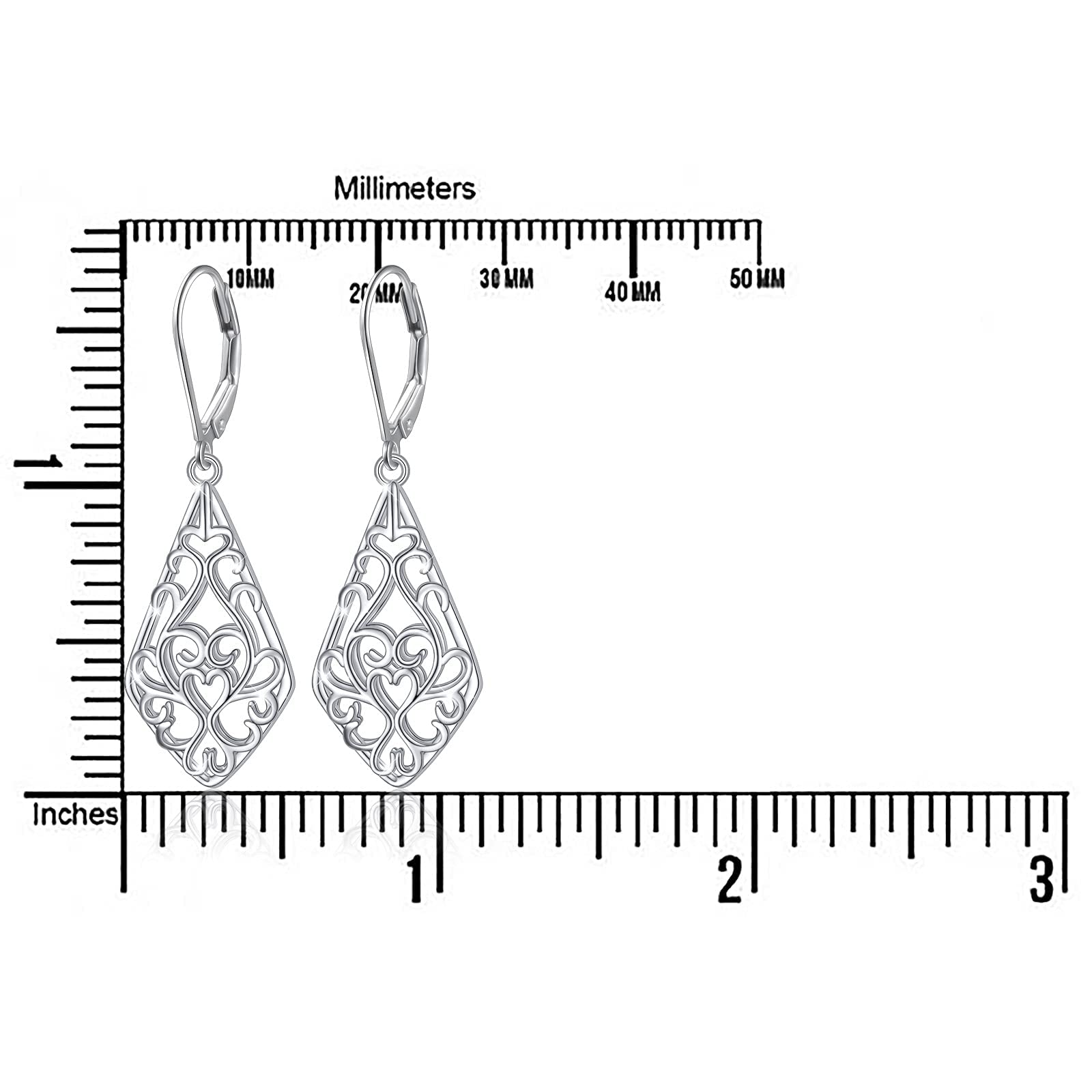 Kite Shaped Geometric Filigree Dangle Drop Leverback Earrings Sterling Silver Dangling Dangly Jewelry for Women