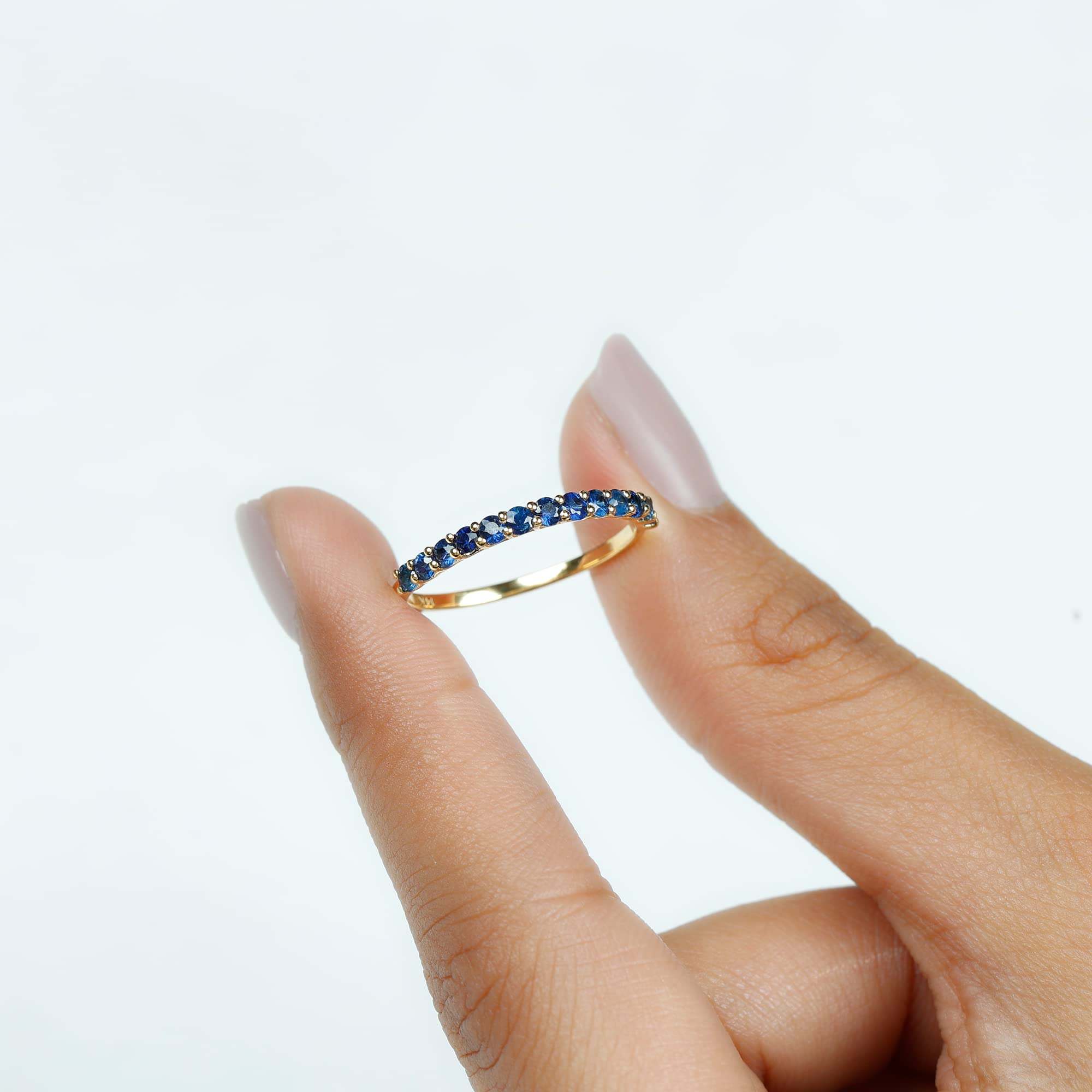 Certified Natural Blue Sapphire Half Eternity Ring, AAA Quality, Sapphire Anniversary Ring (With Jewelry Box), 14K Yellow Gold, Size:US 5.50