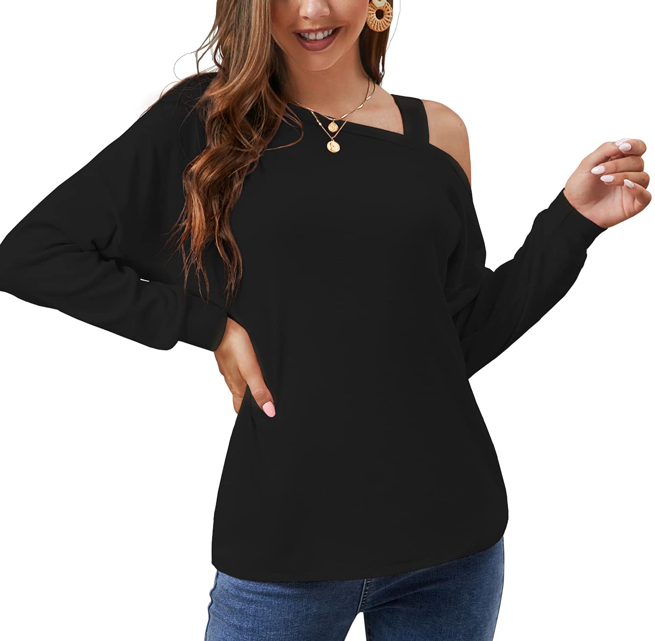 JINKESI Women's Long Sleeve Tunic Tops Casual Cold Shoulder Blouse Shirts Black-Medium