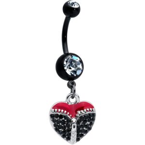 body candy womens 14g black anodized steel navel ring piercing unzipped heart dangle belly button ring