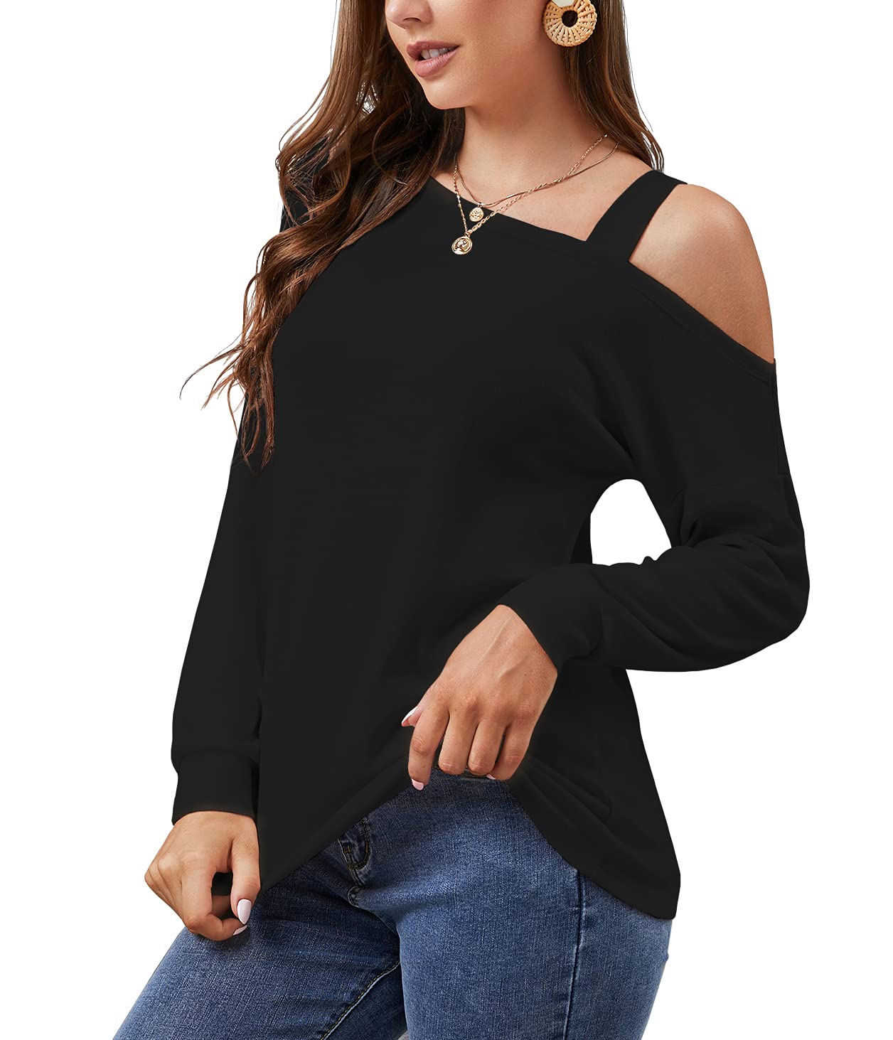 JINKESI Women's Long Sleeve Tunic Tops Casual Cold Shoulder Blouse Shirts Black-Medium