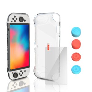 tpu case cover for switch oled, clear protective case compatible with nintendo switch oled model with tempered glass screen protector and thumb stick caps - clear