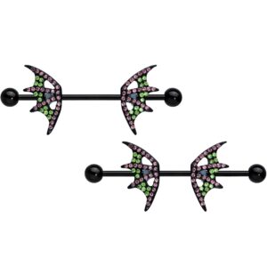 body candy 14g womens nipplerings piercing black pvd steel 2pc pink green bat wing nipple ring set 20mm