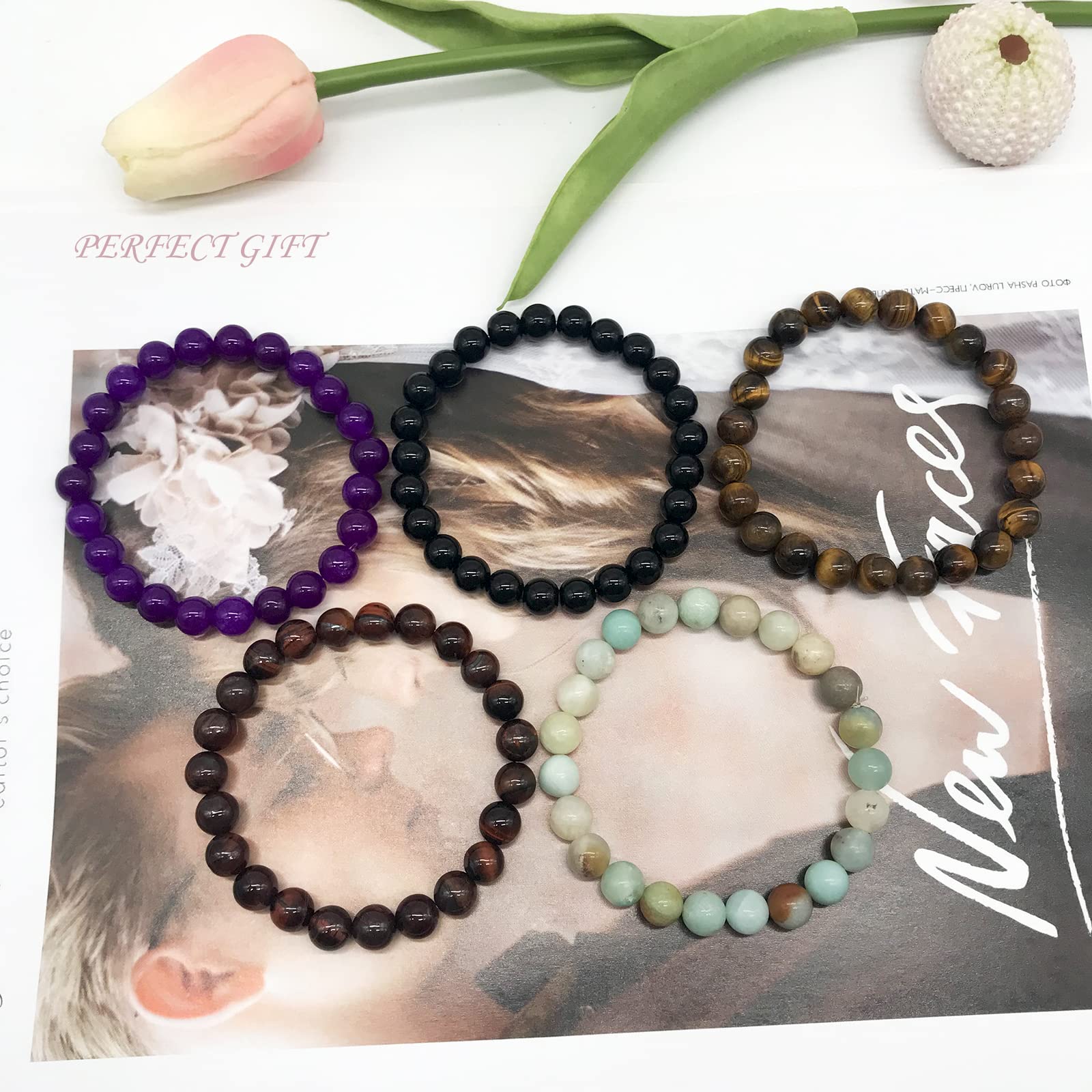 JEWPARK 12PCS 8mm Semi-Precious Gemstone Bracelet Set Healing Crystal Stone Stretch Bracelets for Men Women Round Beaded Elastic Bracelets