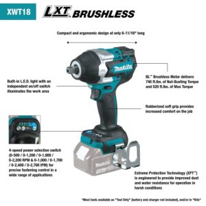 Makita XWT18XVZ 18V LXT® Lithium-Ion Brushless Cordless 4-Speed Mid-Torque 1/2" Sq. Drive Utility Impact Wrench w/Detent Anvil, Tool Only