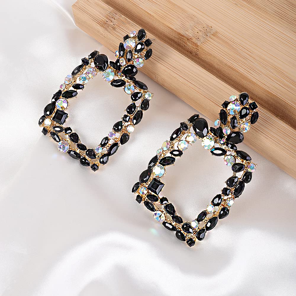 Wiwpar Rhinestone Rectangle Dangle Earrings Square Hoop Rhinestone Earrings Sparkly Geometric Statement Earrings for Women Girls （Black）