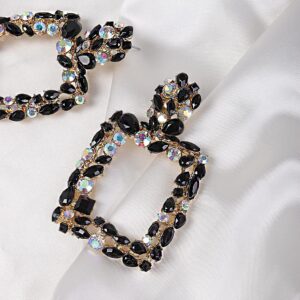 Wiwpar Rhinestone Rectangle Dangle Earrings Square Hoop Rhinestone Earrings Sparkly Geometric Statement Earrings for Women Girls （Black）