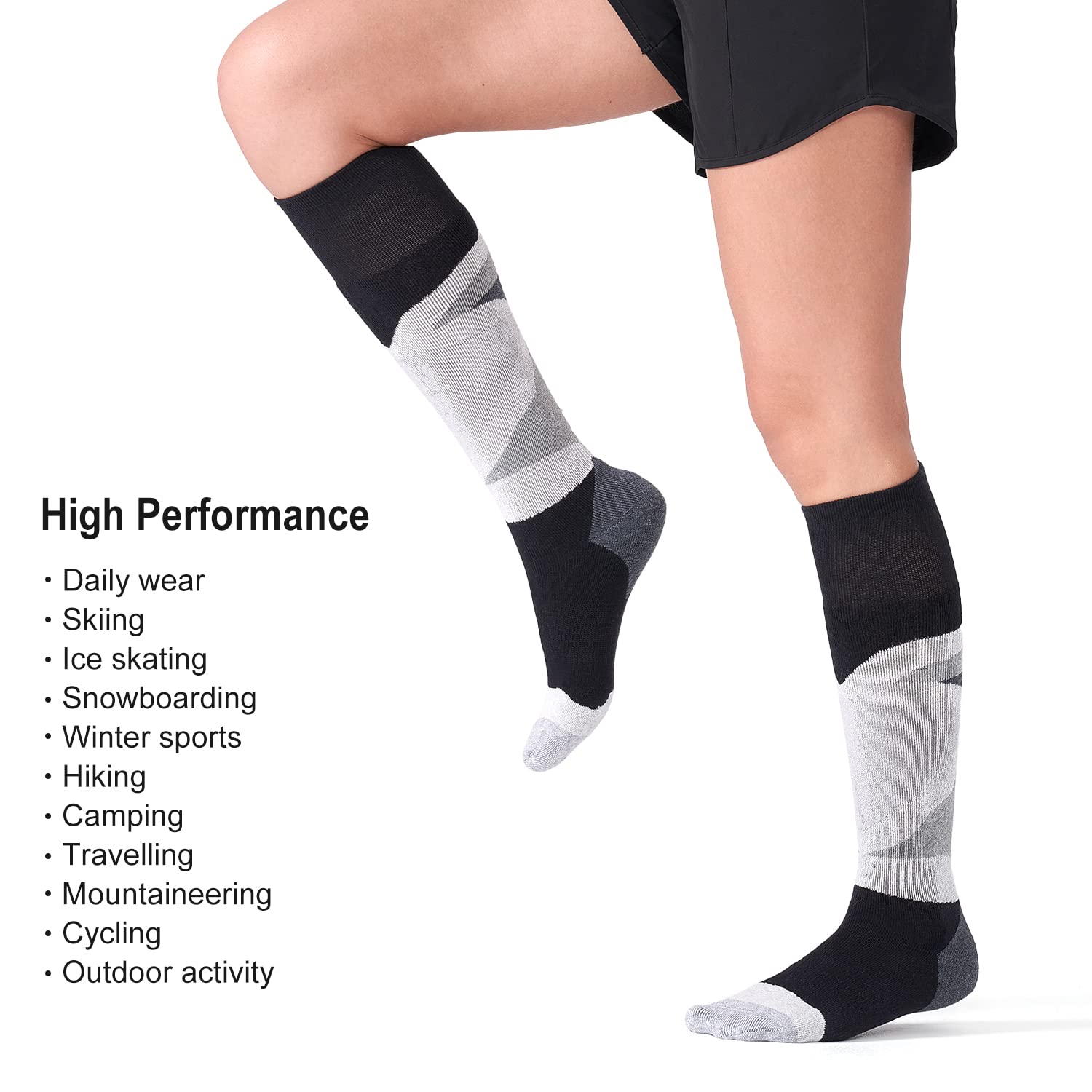 CS CELERSPORT 2 Pack Merino Wool Women's Ski Socks with Full Cushion, Winter Warm Thermal Socks for Skiing Snowboarding, Black + Light Grey, Small