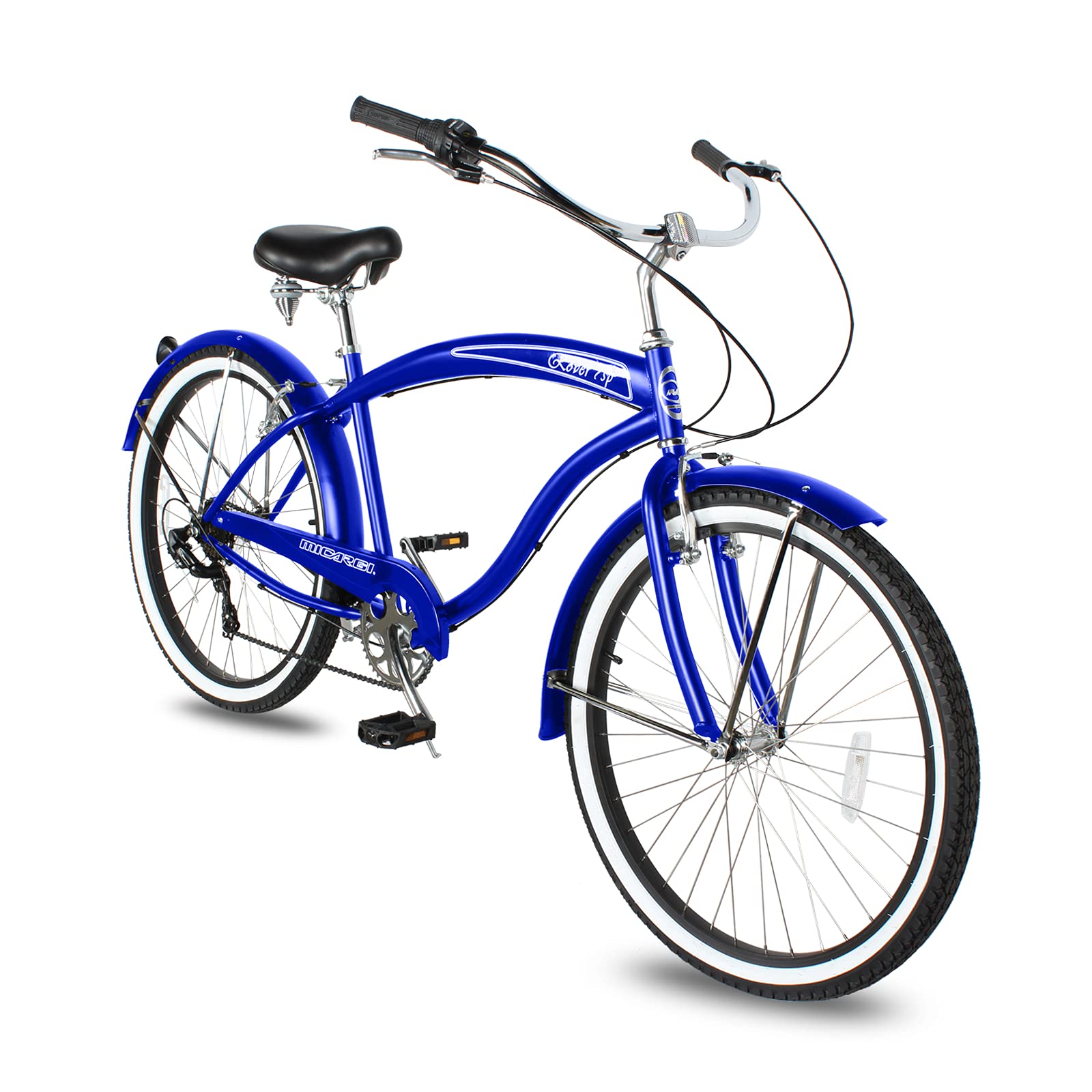 MICARGI Rover Lightweight Beach Cruiser Bike for Men, Adult,24 Inch Wheels, Featuring Steel Step-Over Step Through Steel Frame, 7 Speed Coaster Brake, Hybrid Bike, Complete Cruiser Bikes, Blue