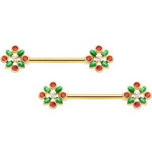 body candy 14g womens nipplerings piercing pvd steel 2pc red accent green crest nipple ring set 5/8"