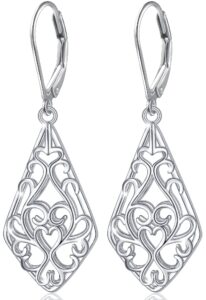 kite shaped geometric filigree dangle drop leverback earrings sterling silver dangling dangly jewelry for women