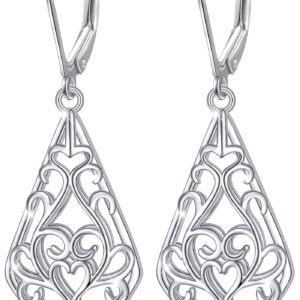 Kite Shaped Geometric Filigree Dangle Drop Leverback Earrings Sterling Silver Dangling Dangly Jewelry for Women