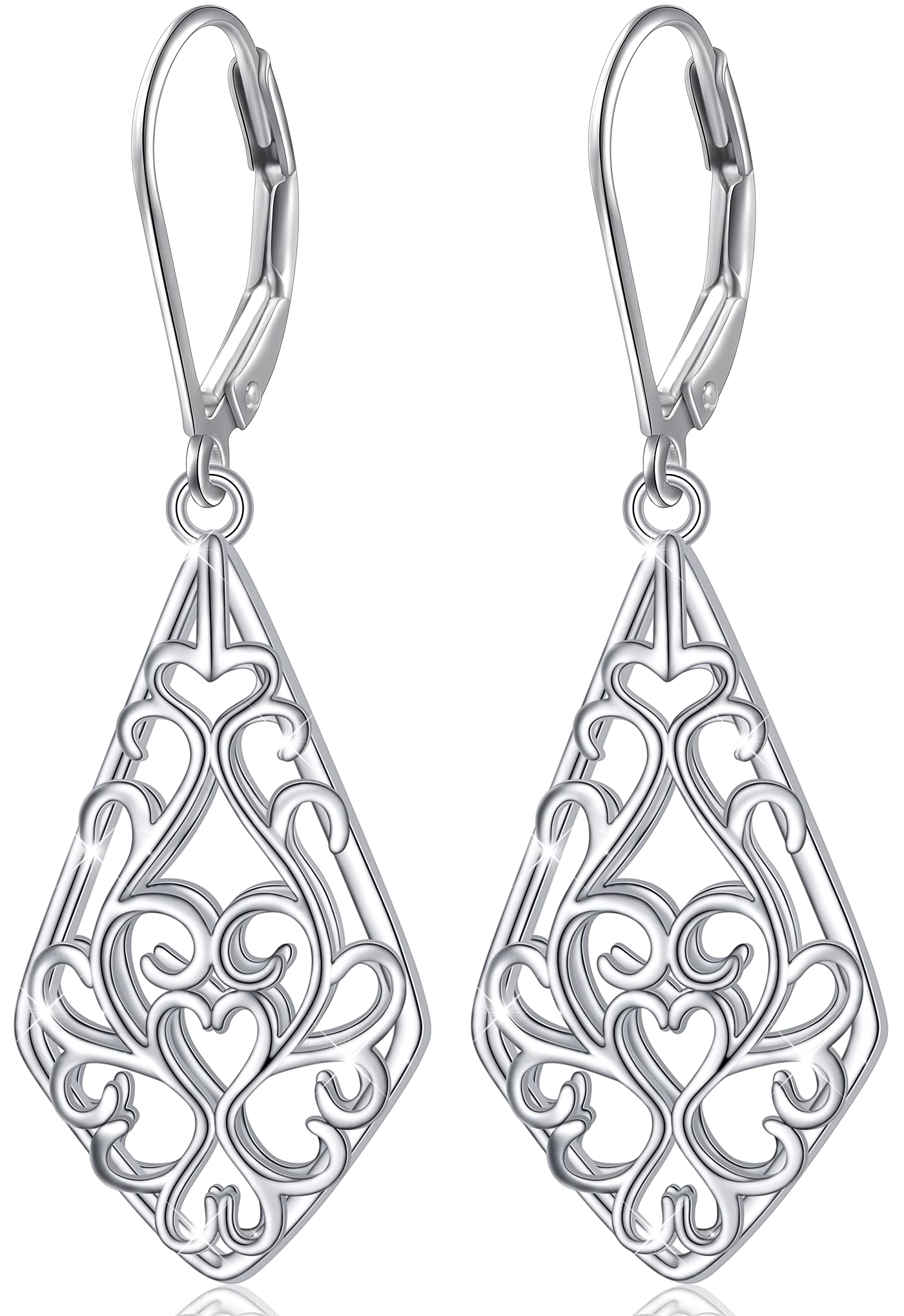 Kite Shaped Geometric Filigree Dangle Drop Leverback Earrings Sterling Silver Dangling Dangly Jewelry for Women