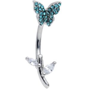 body candy womens 14g stainless steel navel ring piercing blue accent branch butterfly belly button ring