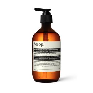 aesop geranium leaf rinse-free hand wash | aromatic, alcohol-based gel with purifying and hydrating properties | cleanses without water | 16.9 oz