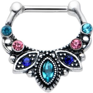 body candy womens 16g 316l steel septum jewelry pink blue accent festive daith tragus cartilage clicker 3/8"