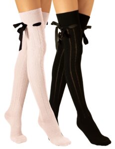 molton marley 2 pack long over the knee thigh high long socks, ribbon, cotton knit, girls' and women's, made in europe (vanilla, black)