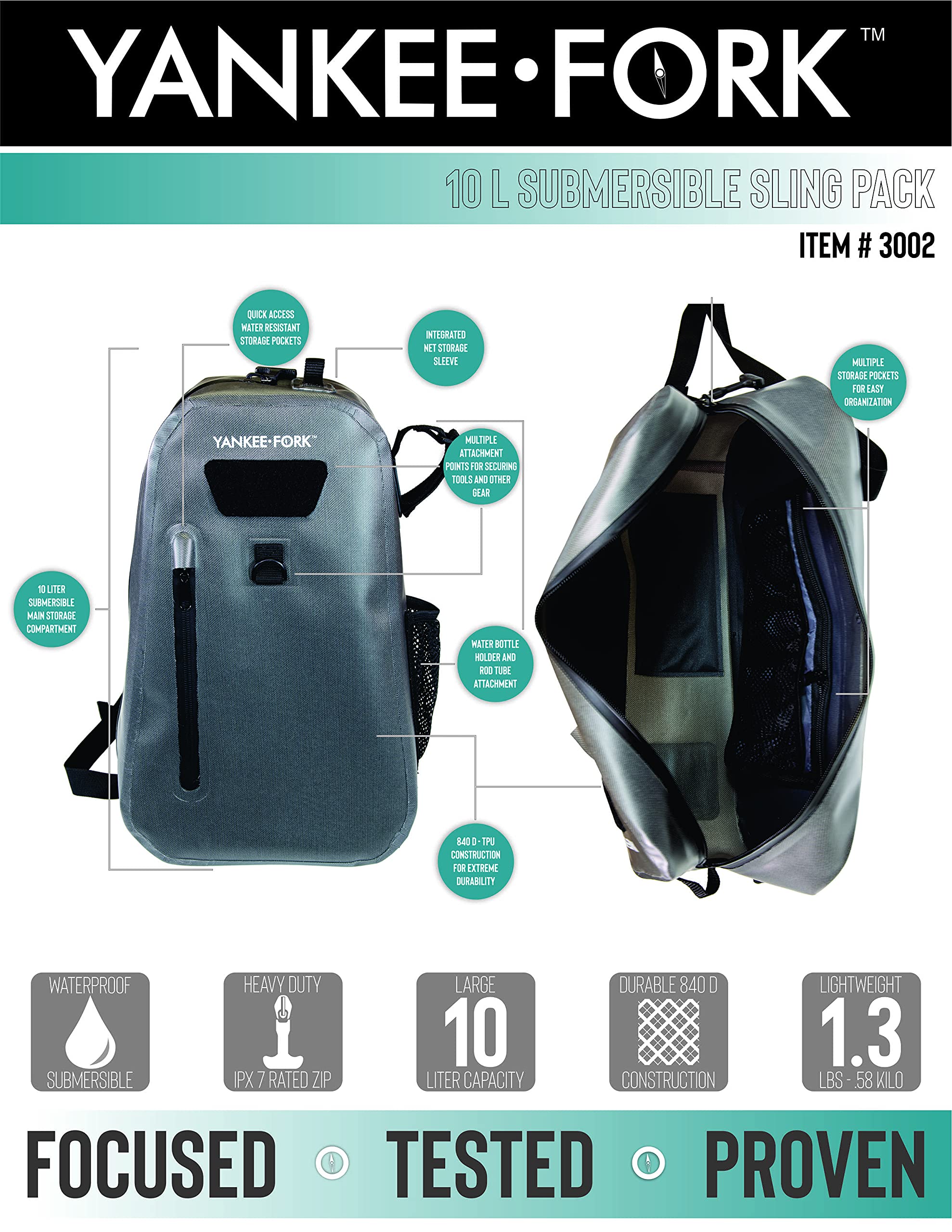 YANKEE FORK - Submersible Sling Pack - Waterproof Main Compartment, Water Resistant Exterior Pocket - 10 Liter - Holds Gear