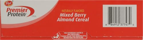 Post Premier Protein Mixed Berry Almond Cereal, Protein Cereal Flakes Mixed with Dried Berries and Sliced Almonds, Contains 20g of Protein Per Serving, 9 OZ Box