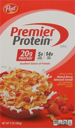 Post Premier Protein Mixed Berry Almond Cereal, Protein Cereal Flakes Mixed with Dried Berries and Sliced Almonds, Contains 20g of Protein Per Serving, 9 OZ Box