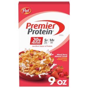 post premier protein mixed berry almond cereal, protein cereal flakes mixed with dried berries and sliced almonds, contains 20g of protein per serving, 9 oz box