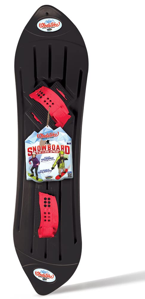 The Original Geospace Sledsterz Kids Beginner Snowboard for Winter Fun on Snow, with Adjustable Step-in Bindings; for Kids Between 4 to 12 Years Old (Black/Red Bindings)