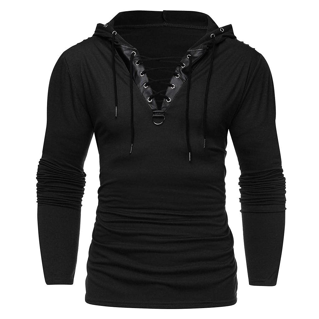 Mens Shirts Gothic, Men's Vintage Gothic Steampunk Shirts Sweatshirt Lace Up Long Sleeve Pullover Hooded Tee Tops